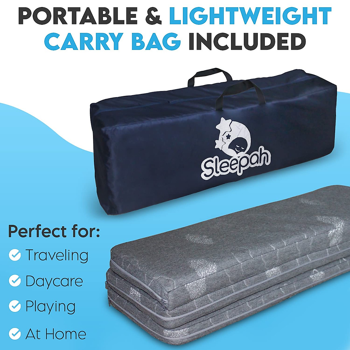 Sleepah Square 36x36 Mattress Pad (Trifold) Waterproof Memory Foam Portable Mattress Topper w Removable Cover Compatible with Joovy Room 2 Delta Children Century Thick Dual Sided