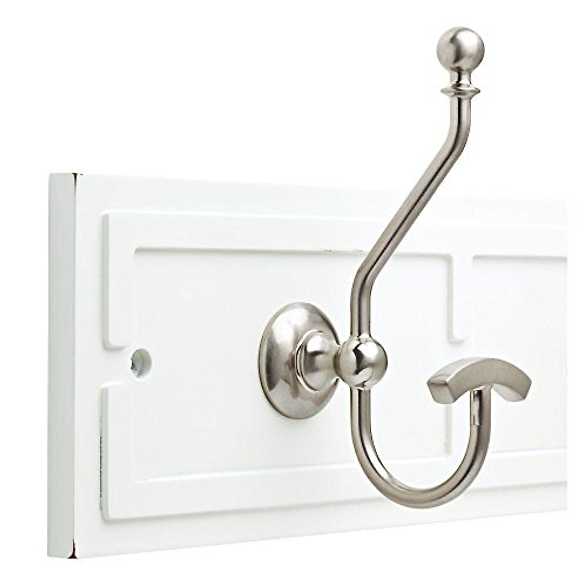 Liberty 22 inch Stylish Wall Mounted White and Satin Nickel Wardrobe Hook Rail/Coat Rack with 3 Pretty Dual Hanger Hooks for Coats, Hats, Scarves, Key • Extra Wide Hanging Space