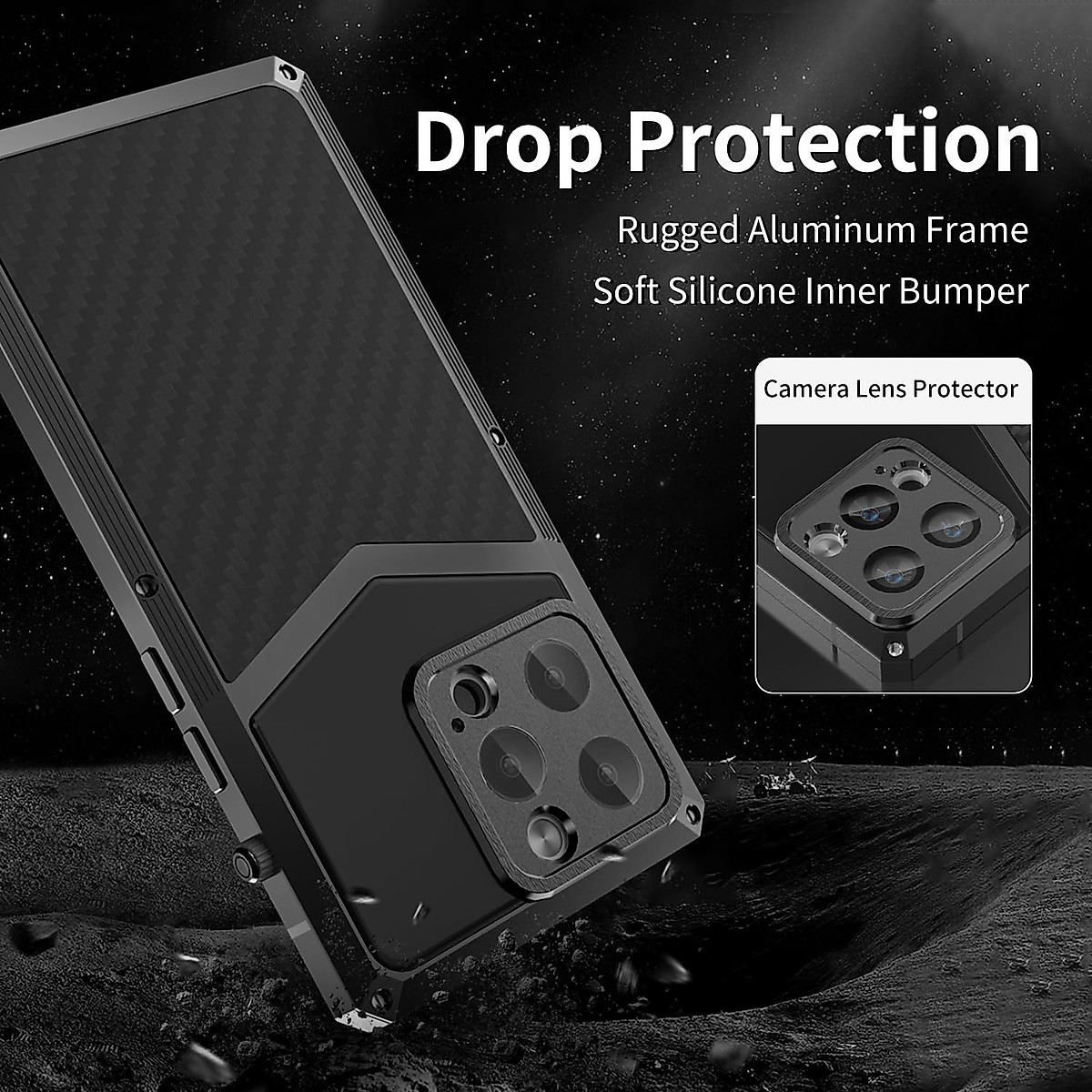 HUALIMEI Luxury Case for iPhone 13 Pro Max 6.7", Carbon Fiber Aluminum Phone Cover, Military Protective Armor with Tempered Glass Screen Protector Full Body Heavy Duty Shockproof Protection for Men