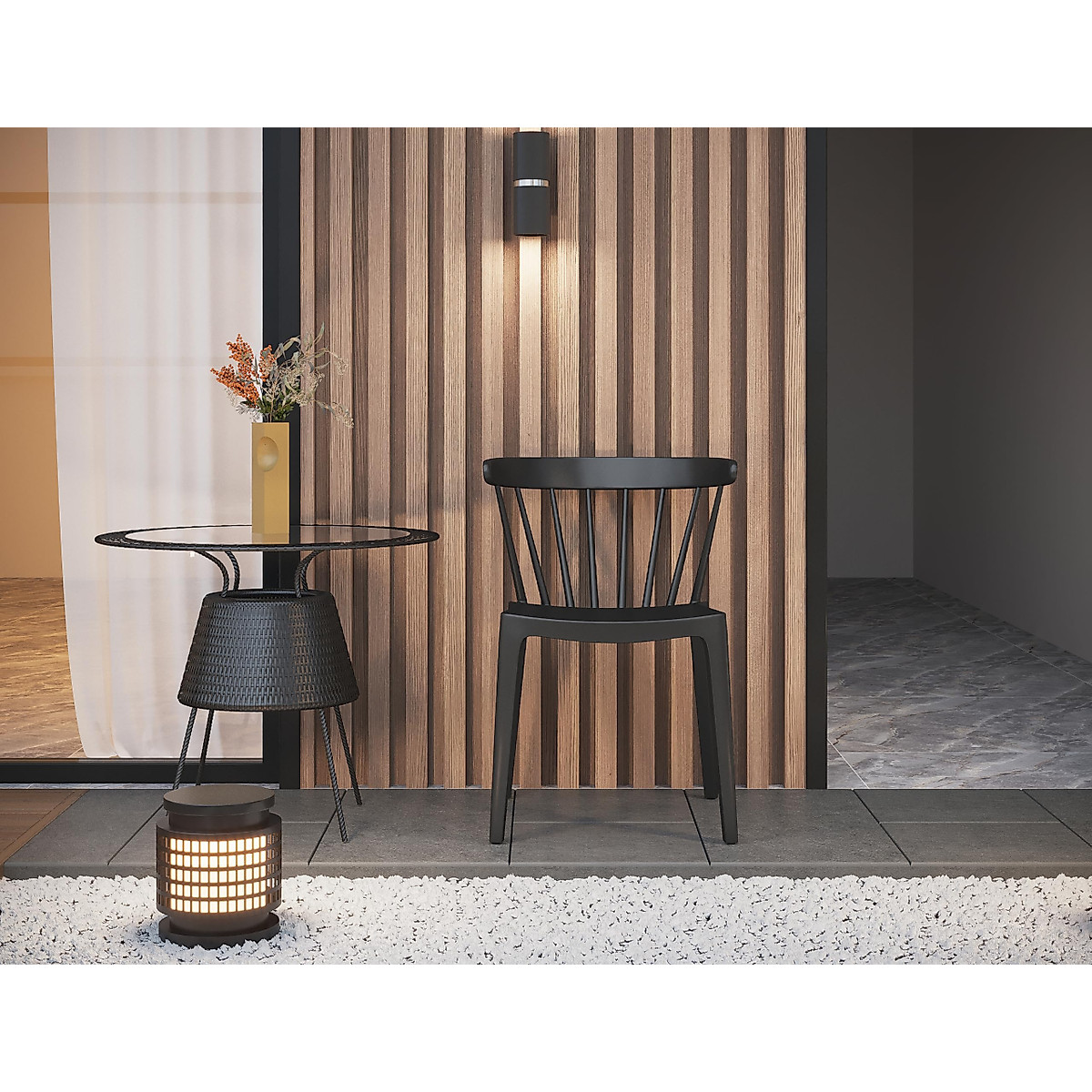 2xhome Set of 2 Stackable Modern Plastic Low Back Windsor Dining Chairs with Spindle Back for Kitchen Indoor Outdoor Patio Office Black