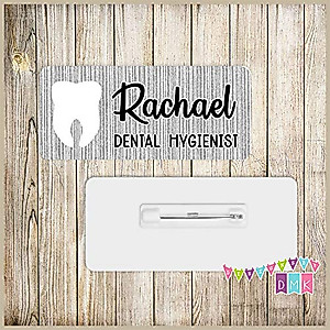 Tooth- Dental - Grey Stripe - PERSONALIZED - Custom Name Tag - 1.25" x 3" Magnetic OR Pin Back - 097NT