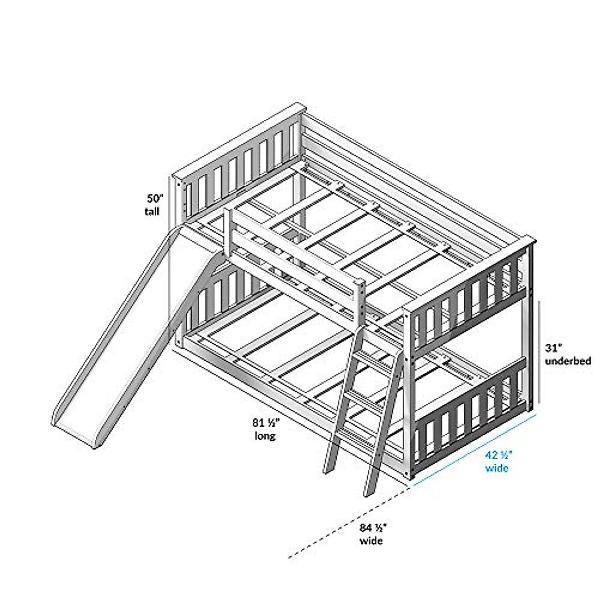 Max & Lily Low Bunk Bed with Slide, Twin-Over-Twin Bed Frame For Kids With Curtains For Bottom, White/Pink