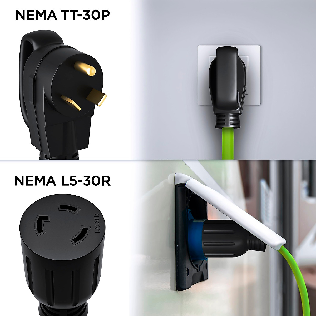 30 Amp RV Adaptor Cord, GearIT (1 Foot) 3-Prong 125/250-Volt 10/3 STW 10AWG Gauge SJTW Locking Cable, NEMA TT-30P to L5-30R, RV Outdoor Camper Trailer Portable Generator Power Cord- 1ft