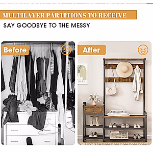 JUNZYOUY 5 in 1 Entryway Coat Rack Shoe Bench，Hall Tree with Bench, Entryway Bench with Coat Rack, with Shoe Rack, Storage Drawer, 9 Hooks, Coat Rack with Bench, Rustic Brown.