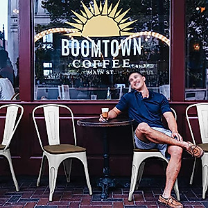 Yaheetech Set of 4 Metal Dining Chairs with Wood Seat Metal Side Chairs Kitchen Chairs with Back Bistro Café Trattoria Kitchen, Distressed White