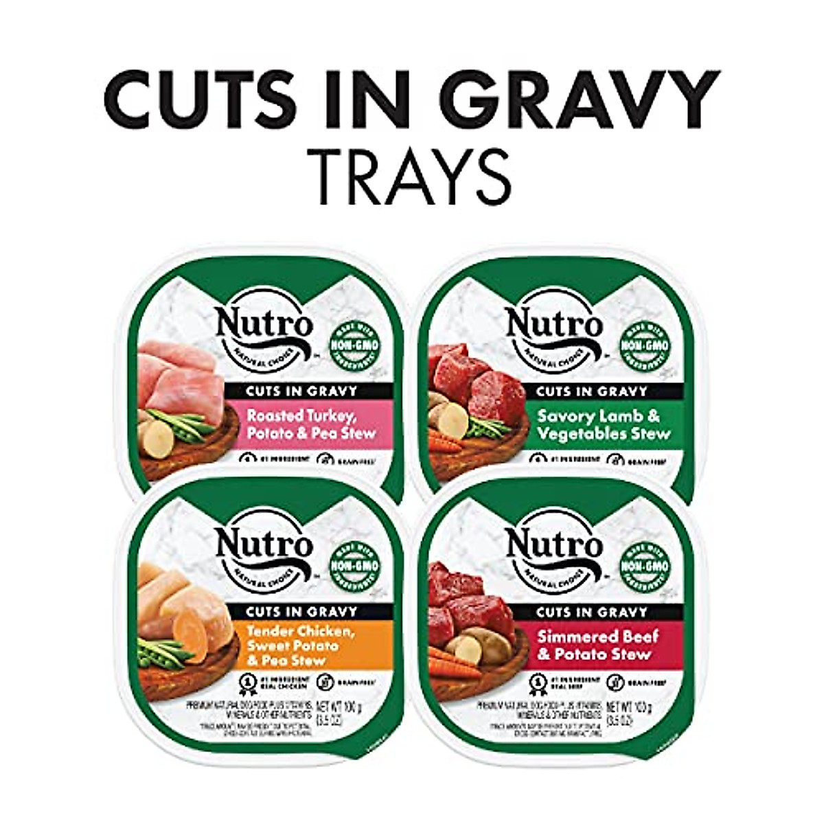 NUTRO Natural Grain Free Adult Dog Wet Food Cuts in Gravy Variety Pack of Beef, Lamb, Chicken, and Turkey Recipes, 3.5 oz. Trays (Pack of 36)