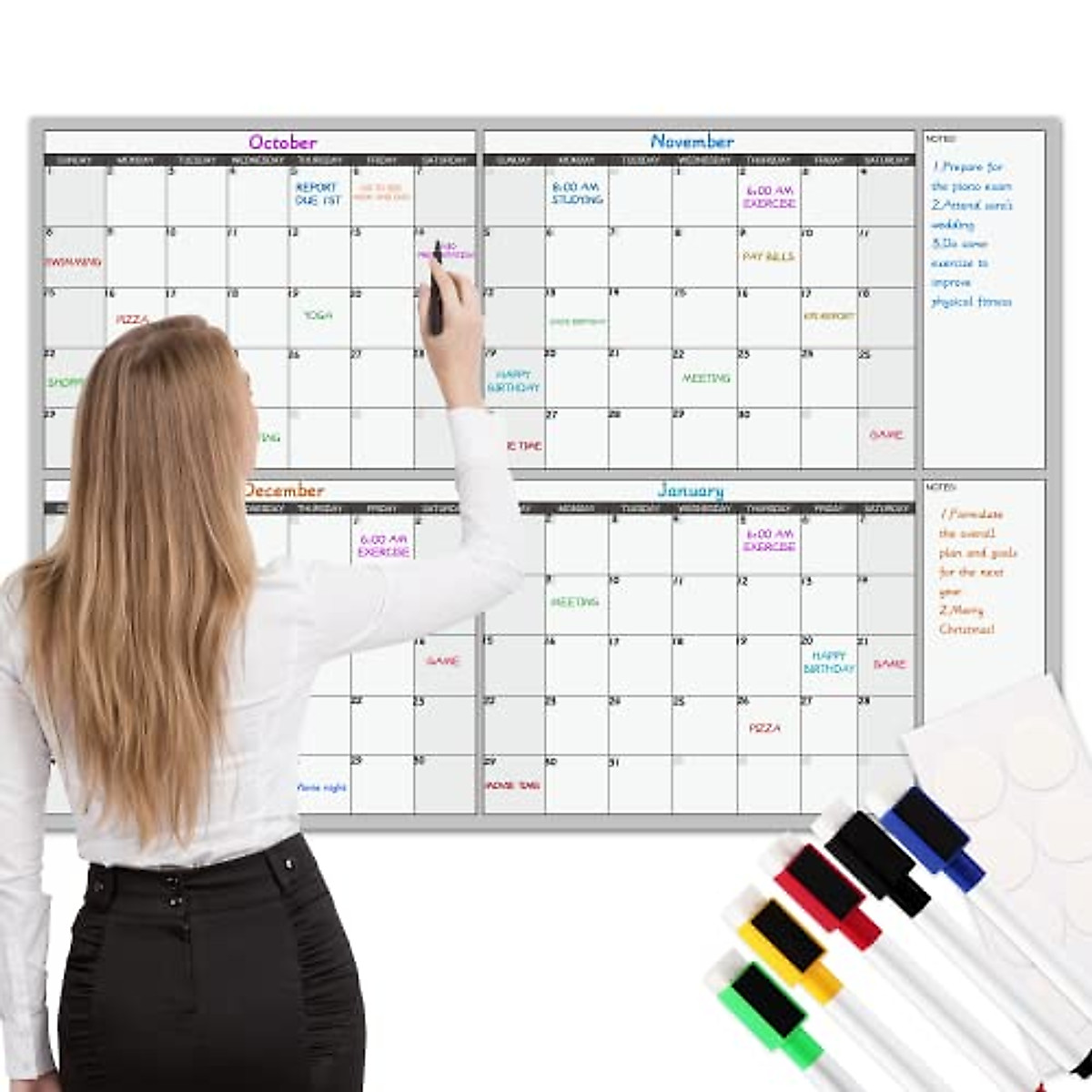 Large Wall Calendar Undated - Dry Erase Calendar for Wall，35.8 '' X 31.8 '' - Four Monthly Dry Erase Reusable Wall Planner - Includes 8 Sticker Dots and 5 Whiteboard Markers