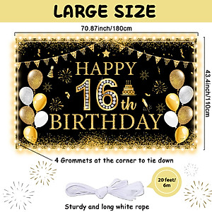 ZOIIWA 16th Birthday Backdrop Lighted Party Decorations Sweet 16 Backdrop with LED Light for Boys Girls Party Supplies Black Gold Happy 16th Birthday Photo Props Background with Light Party Favor