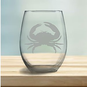 Coastal Crab Etched Stemless Wine Glasses - Set of 2/4/6/8-20.5oz Glassware (Set of Four (4))