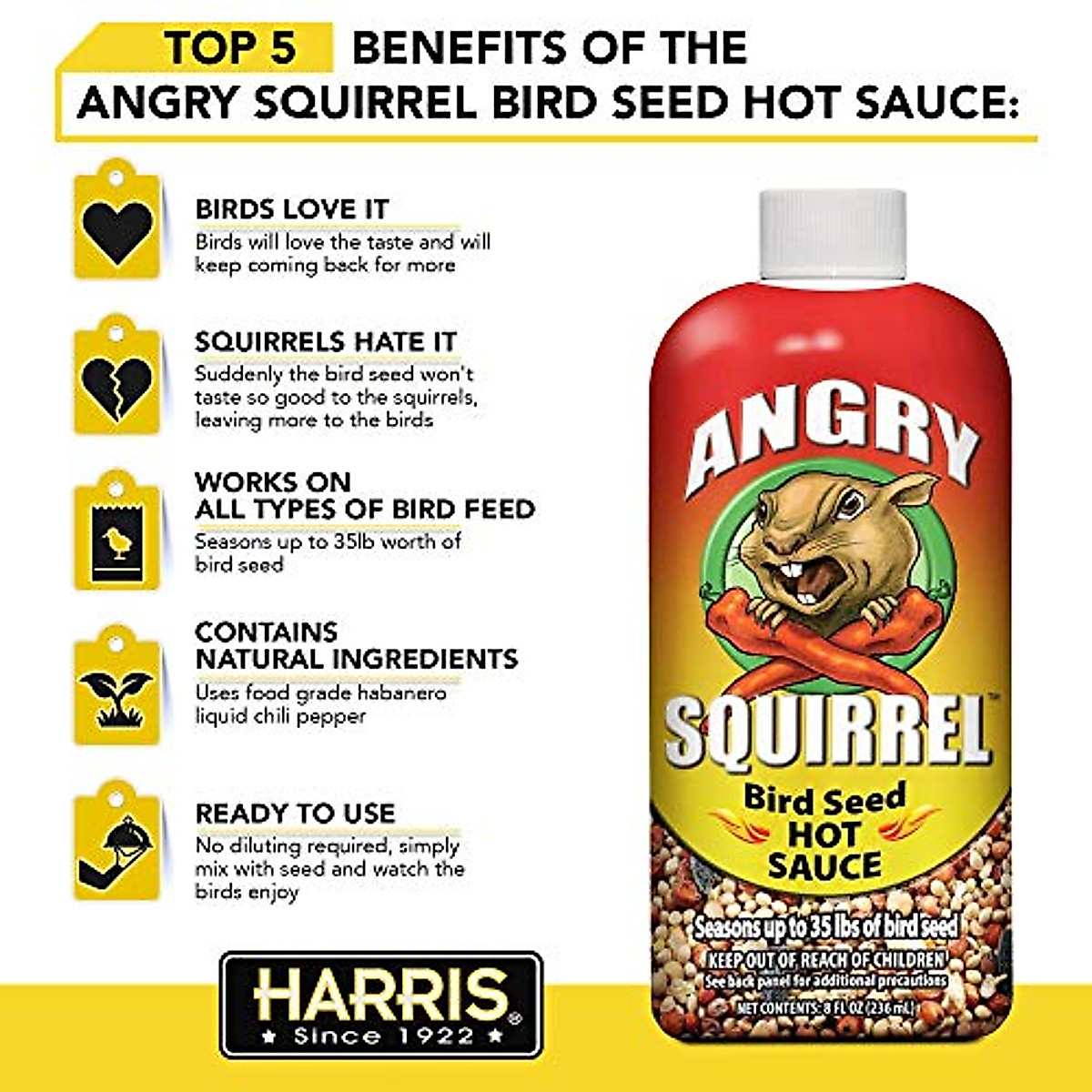HARRIS Angry Squirrel Bird Seed Hot Sauce, 8oz, for Up to 35 Pounds of Bird Seed, 2-Pack