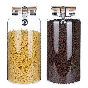 KKC HOME ACCENTS Glass 2 lb Whole Bean Coffee Glass Container with Airtight Hinged Bamboo Lids,32 Ounce Coffee Beans Glass Canisters,Large Sealed Glass Storage Jars for Flour,Sugar,Nut,Pasta,Cereal