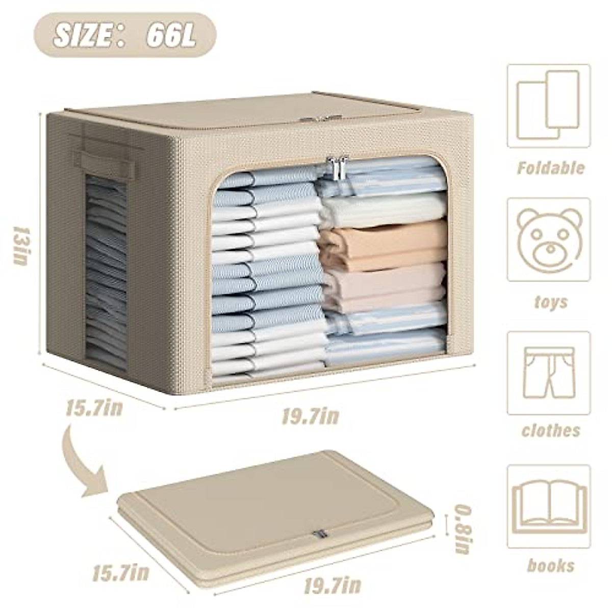 FHSQX Storage Bins, Large Capacity Clothes Bag Organizer with Window & Carry Handles, Foldable Stackable Container Set, Closet Organization for Comforters (2-PACK) (Beige, Big 19.7 x 16 x 13.7)