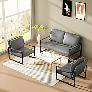 Lamerge Mid-Century Modern Leather Loveseat, 2-seat Loveseat Sofa Couch,Living Room Loveseat Metal Armchair Accent Chair,Upholstered Sofas for Small Space,Bedroom, Apartment,Easy-Assembly, Grey