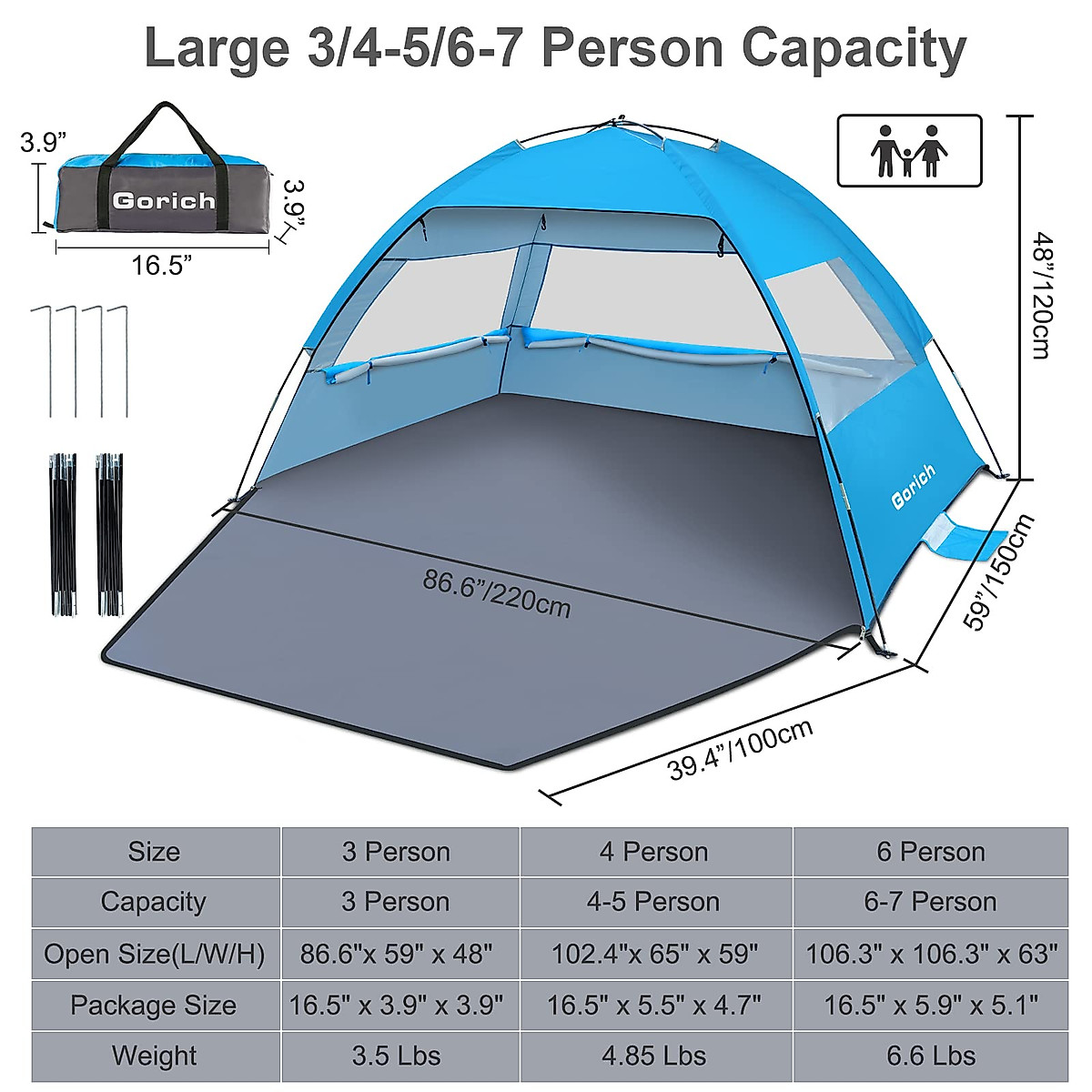 Gorich Beach Tent for 6 People + Beach Tent Poles for Replacement (6 People, Sky Blue)