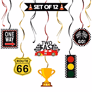 LINGTEER Race Car Two Fast Birthday Swirls Streamers - Let's Go Racing Happy 2nd Birthday Party Hanging Decorations Sign.