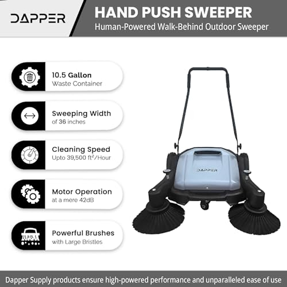 Dapper Supply Walk-Behind Outdoor Hand Push Floor Sweeper - 10.5 Gallon Capacity - 36" Sweeping Width - Sweeps up to 39,500 ft² / Hour, Grey