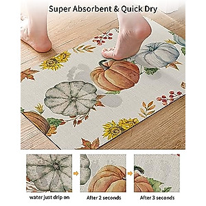 Bath Mat for Bathroom Non Slip Thanksgiving Fall Pumpkin Sunflower Maple Leaves Linen Diatomaceous Earth Bath Mats Highly Absorbent Door Mat Diatom Mud Washable Bathroom Mat for Tub Shower 18x30 Inch