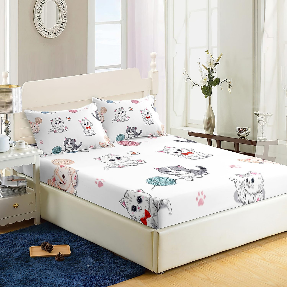 AILONEN Lovely Cartoon Cat Bed Set Kids,Cute Woolen Thread Kittens Bed Sheet Set for Girls Twin Size, Kawaii Animal Cat Lover Bedding Set,3-Piece, 1 Fitted Sheet and 2 Pillowcases,Soft Breathable