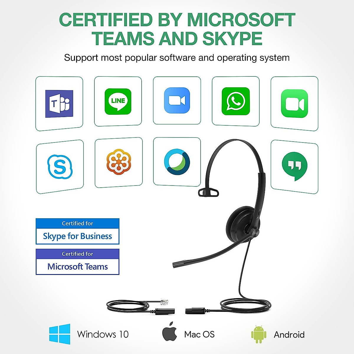 Yealink Phone Headsets for Office Phones YHS34 Lite QD to RJ9 Wired Headset Compatible with Poly Snom Grandstream Phones Desk Landline Headset with Microphone -Mono/72g/2.1m Cable