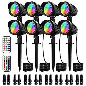 MEIKEE RGB Low Voltage Landscape Lights, 7W DC/AC 12V 24V RGB Color Changing LED Landscape Lighting, IP66 Waterproof Outdoor Spotlights for Garden Pathway Christmas Decoration (8 Pack with Connectors)