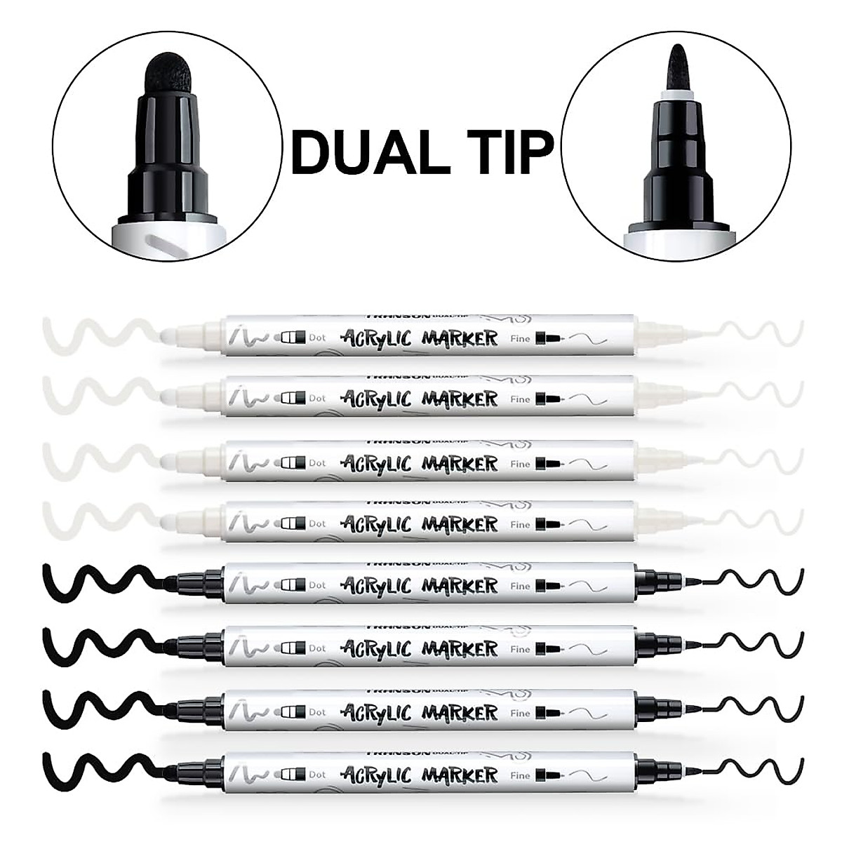 TRANSON 4 Black and 4 White Paint Pens Bold and Fine Dual-tip Acrylic Paint Marker Set for Rock Painting Glass Canvas Wood Leather Ceramic Painting