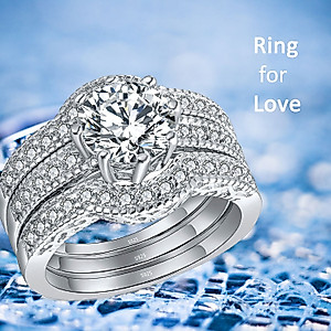 MABELLA Jewelry 2.50 Cttw Halo Round White Cubic Zirconia 925 Solid Sterling Silver Trio Classic Engagement Wedding Band Ring Sets Gifts for Women Size 8