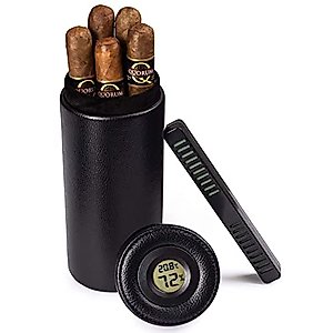 Mantello Travel Humidor Cigar Box- Gifts for Men- Leather with Digital Hygrometer - Cedar Wood Interior Portable Humidor - Humidifier - Black, Holds Up to 6 Cigars