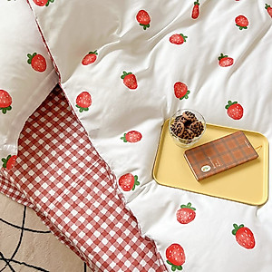 BlueBlue Strawberry Kids Duvet Cover Set Queen 100% Cotton Bedding for Boys Girls Teens Cartoon Red Strawberry Pattern 1 Fruit Full Comforter Cover 2 Pillow Shams (Queen)