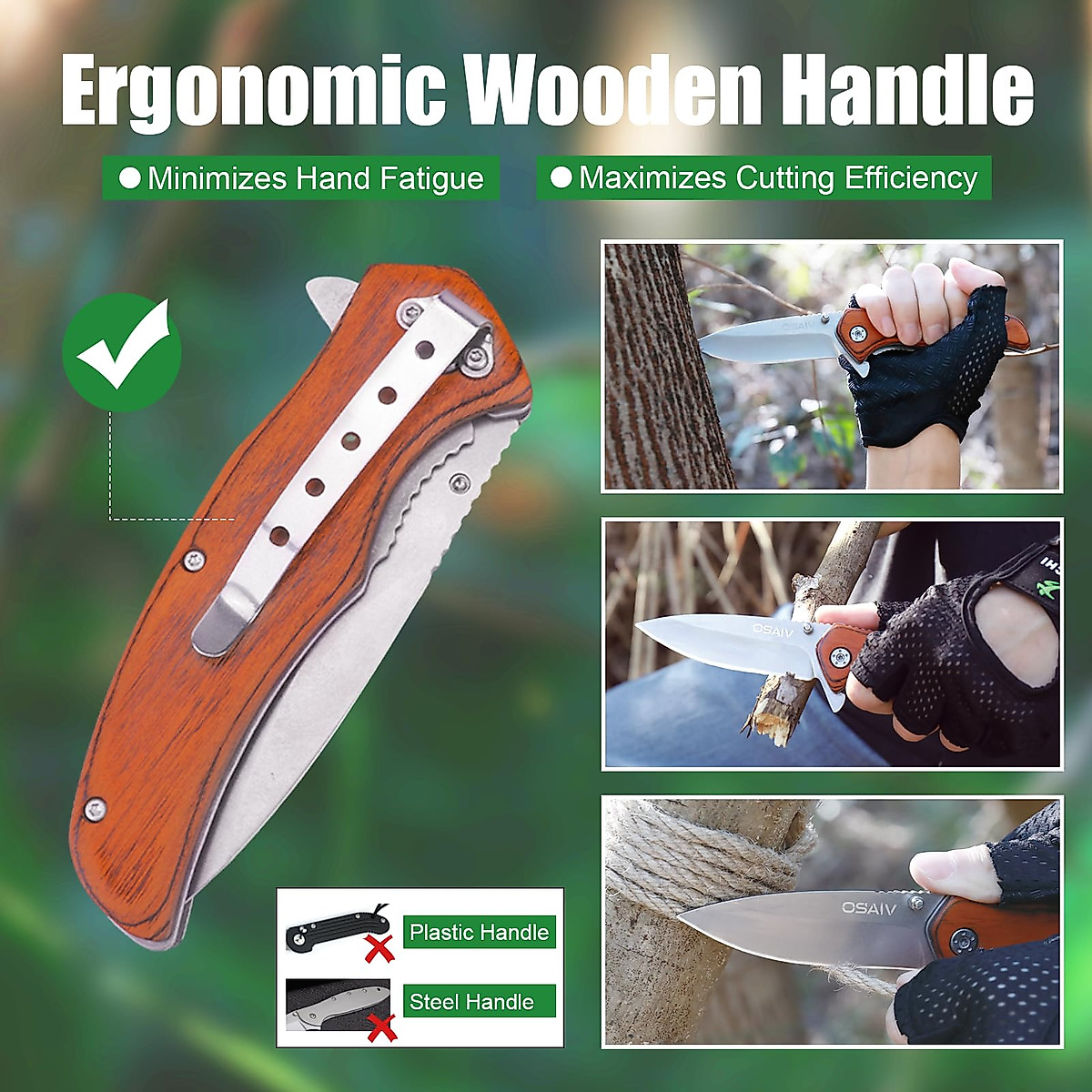 osaiv Pocket Folding Wood Knife Set, Speed Safe Opening EDC Tactical Foldable Knives with Lock, Small Sharp Camping Survival Hiking Knife, Ideal Gift for Men Women-Wood Color Handle