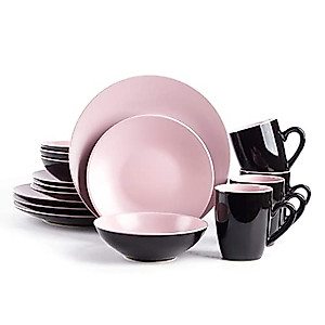 HomeVss Stoneware Two-Tone Colors Life 16pc Dinner Set，Outside Shiny Black + Inside Matte Glaze Rose