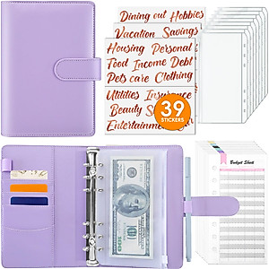 Sooez Money Organizer for Cash, A6 Budget Binder with Zipper Envelopes, Rose Gold Sticky Labels & Extra Thick Expense Sheets,Money Saving Binder Budget Book with Cash Envelopes for Budgeting, Purple