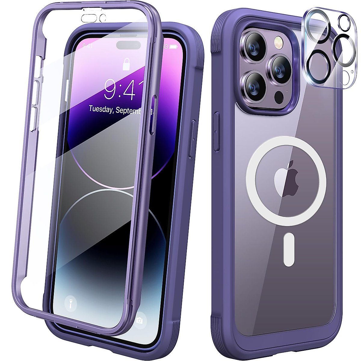 Diaclara Designed for iPhone 14 Pro Max Case 6.7’’,[Compatible with MagSafe][2023] Full Body Rugged Magnetic Protective Case+9H Camera Lens Protector w/Built-in Screen Protector (Deep Purple)