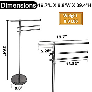 Sayayo Freestanding Towel Rack for Bathroom, 39 Inch Towel Holder for Bathroom Towel Stand Floor with 3 Adjustable Towel Bar, Gunmetal 