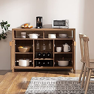 SICOTAS Coffee Bar Cabinet, 51" Rattan Sideboard Buffet Cabinet with Storage, Boho Farmhouse Liquor Cabinet with Wine Racks Credenza Console Buffet Table for Home Living Dining Room Entryway, Natural