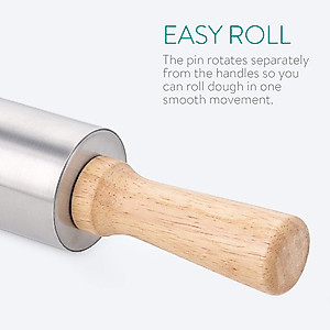 Navaris Stainless Steel Rolling Pin - 17" Non Stick Metal Roller with Wood Handles for Baking, Cooking, Cookies, Biscuits, Pizzas, Dough, Pastry