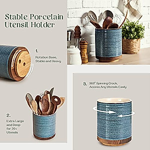 DOWAN Utensil Holder, 360° Rotating Extra Large Cooking Utensil Holder, 7.2" Kitchen Utensil Holder for Countertop, Utensil Crock for Farmhouse Kitchen Decor, Ceramic Stable Utensil Caddy, Blue