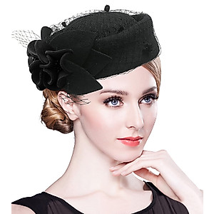 Z&X Wool Felt Veil Fascinator Pillbox Hats for Women Winter Tea Party Church Derby Hat Flower Beret Fedoras Black, One Size