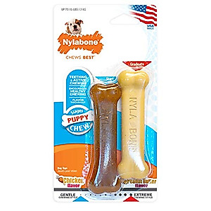 Nylabone Classic Puppy Chew Toy Twin Pack - Puppy Chew Toys for Teething - Puppy Supplies - Chicken & Peanut Butter Flavor, X-Small/Petite (2 Count)