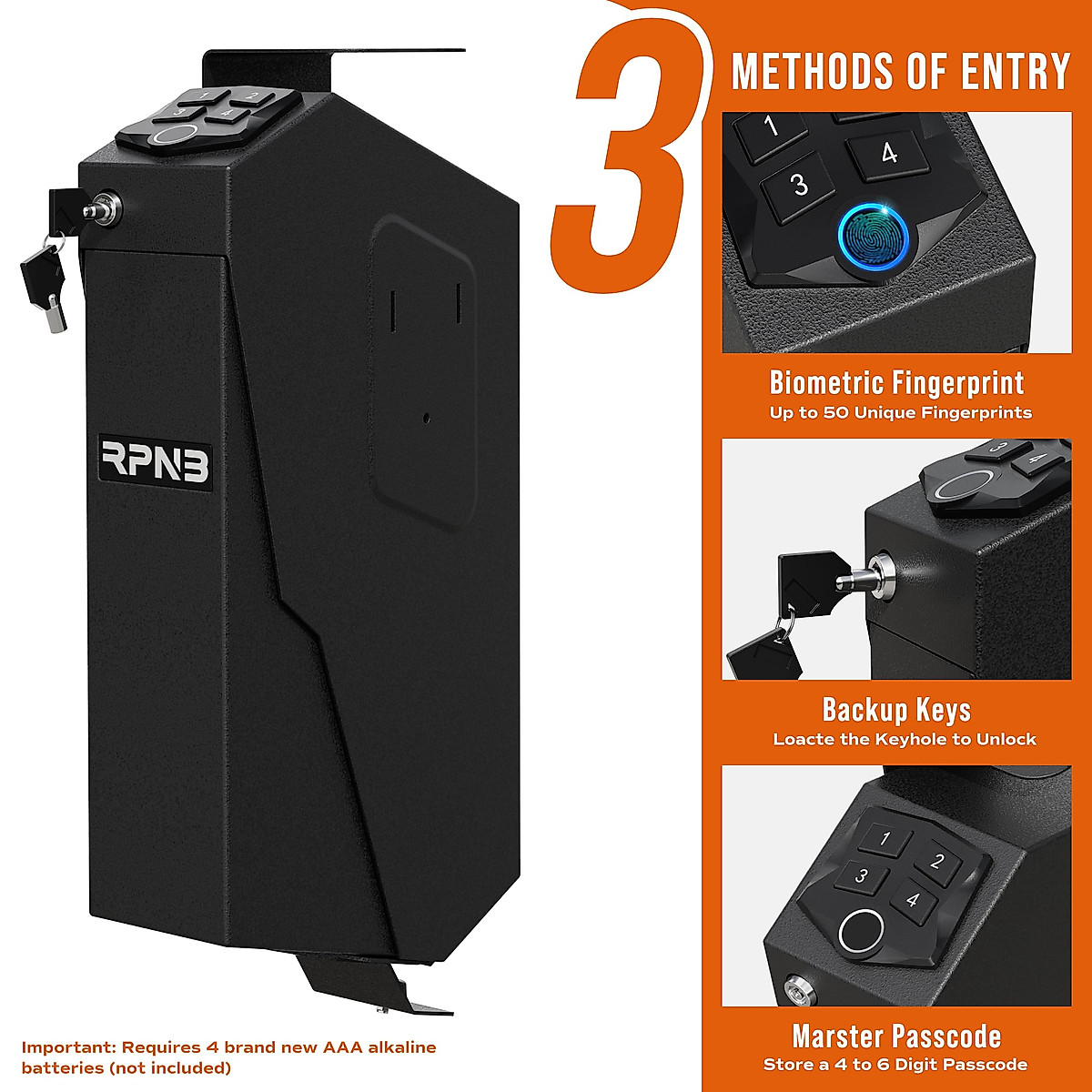 RPNB Mounted Gun Safe with Auto Open Lid Biometric Fingerprint Lock, California DOJ Certified Handgun Safe