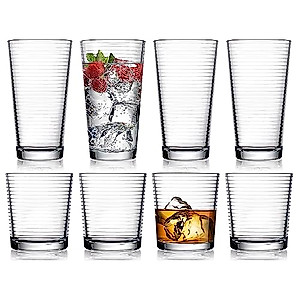Drinking Glasses - Set of 8 Glass Cups, 4 Highball Glasses (17oz) 4 Rocks Glasses (13oz) Ribbed Glasses for Mixed Drinks, Water, Juice, beer, Wine, Excellent Gift!
