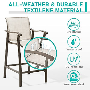VredHom Outdoor Bar Stools & Chairs Set of 2, 2 PCS Counter Height Bar Stools, Patio Bar Chairs Brown Aluminum Frame & Beige Textilene