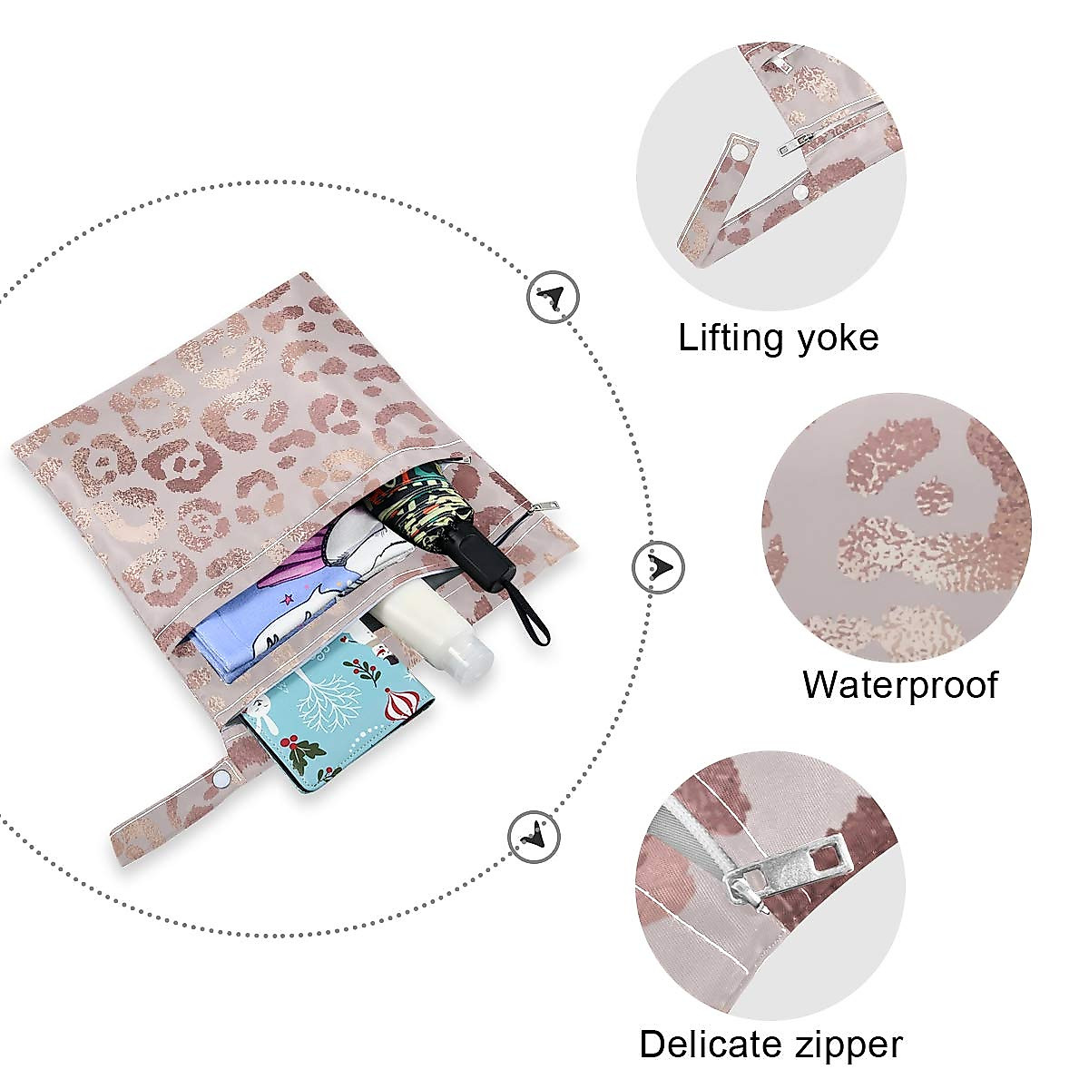 Moudou 2pcs Rose Leopard Wet Dry Bag Waterproof Reusable Baby Cloth Diaper Wet Dry Organizer with Two Zippered Pockets for Travel, Beach, Pool, Stroller, Diapers, Dirty Gym Clothes, Wet Swimsuits