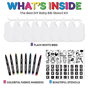 Baby Bibs Set - 2 Ply Knit Terry Solid White Feeder Bibs - Kit Includes, 8 Bibs, 8 Fabric Markers, 8 Stencils, Baby Gifts - Registry For Baby - Gender Reveal - Gift for Baby Party - Baby Shower Game