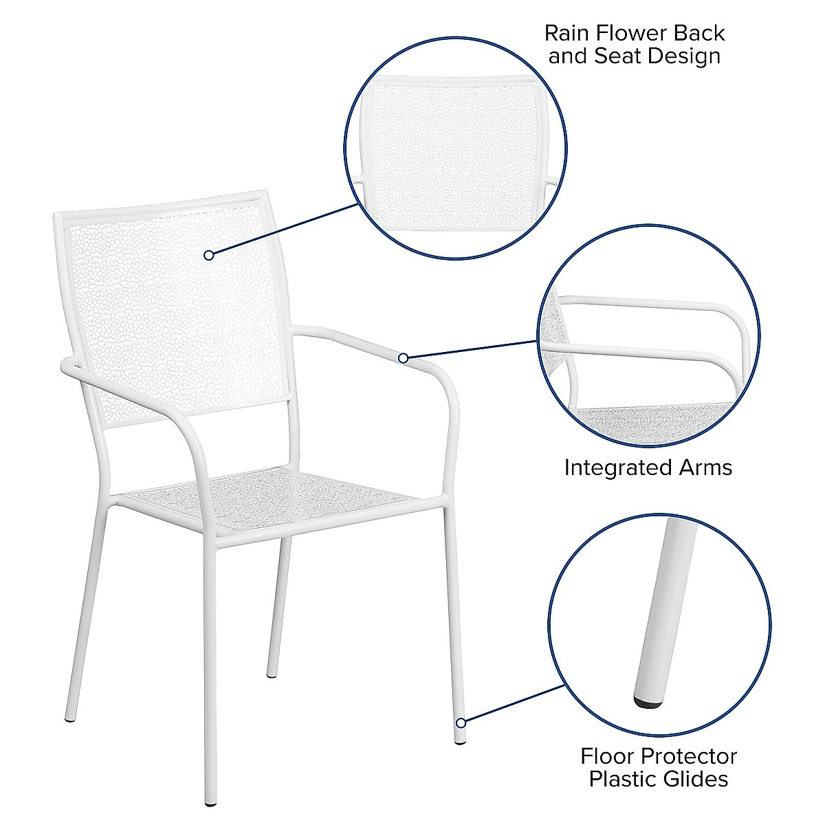 Flash Furniture Commercial Grade White Indoor-Outdoor Steel Patio Arm Chair with Square Back