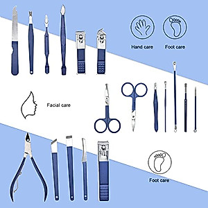 ATENTO Premium Manicure Set Nail Clippers Pedicure Kit, 18 Pcs Stainless Steel Manicure Kit, Professional Nail Care Tools Fingernail Clippers Grooming Kits, Nail Set Kit for (Blue)