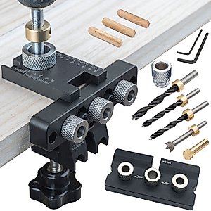 3-in-1 Dowel Jig Kit - Pocket Hole Jig with Adjustable Woodworking Drill Locator, 8/10/15mm Bits, Precision Guide for Furniture Assembly, DIY Projects, Durable Aluminum Alloy