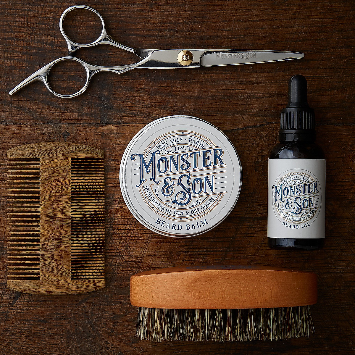 Monster&Son Premium 7-Item Organic Beard Kit - Beard Oil, Beard Balm, Beard Brush, Beard Comb, Scissors, Canvas Travel Bag - Male Grooming Kit in Gift Box - Great Mens Birthday Gift - Father's Day