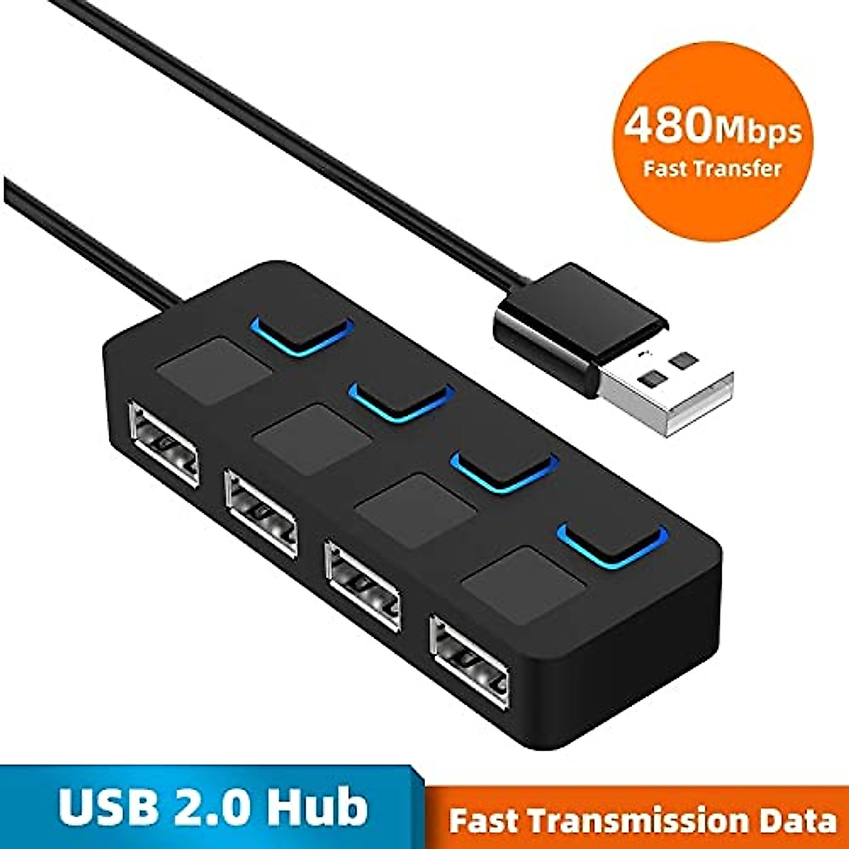 WJCCY USB 2.0 HUB Multi USB Splitter 4 Port Expander Multiple USB 2.0 Hub Use Power Adapter USB2.0 Hub with Switch for PC Computer (Color : Black)