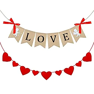 2 Pack Valentines Day Garland Valentines Day Decor Burlap Banner Rustic Love Hanging Banner Valentines Decoration Felt Heart Garland Banner Bunting Photo Props Party Supplies for Mantle Fireplace Wall