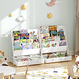 MAHANCRIS Kids Bookshelf, 4 Tier Bookcase, Kids Sling Book Rack with 2 Fabric Drawers, Storage Nursery Book Shelf for Children, Toy Organizer for Kids Room, Living Room, Study Room, White BKBW7401